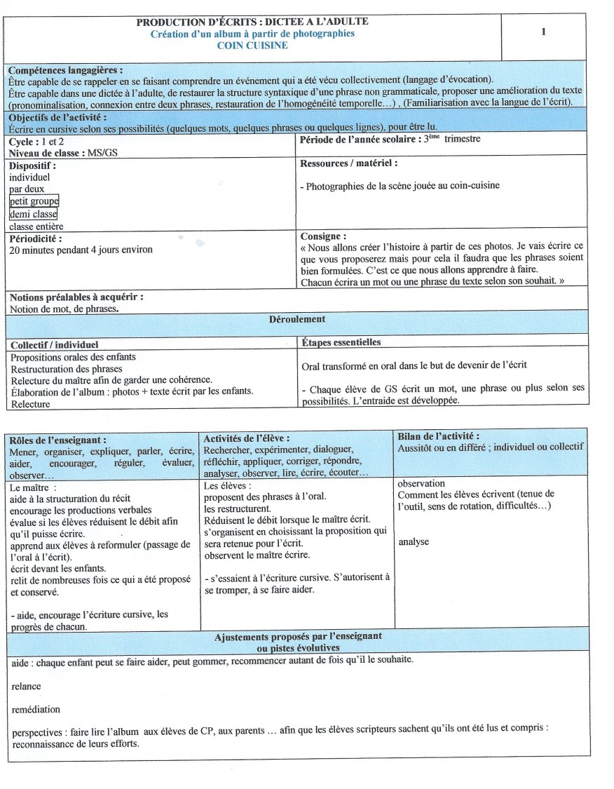 Modèle fiche de préparation | Enseigner et apprendre à l'école maternelle