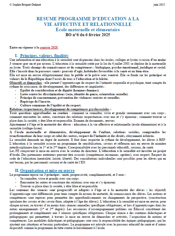 Résumé Programme d’Education à la vie affective et relationnelle école ...
