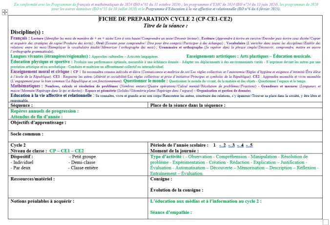 Modèle fiche de préparation vierge Cycle 2 programme 2024 (rentrée 2025 ...