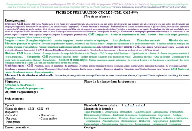 Modèle fiche de préparation vierge Cycle 3 programme 2024/2025 (rentrée 2025) | Enseigner et ...