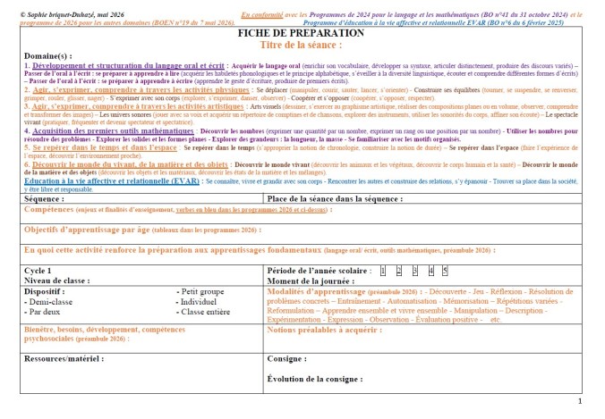 Fiche de préparation vierge cycle 1 programme 2026 à partir de la ...